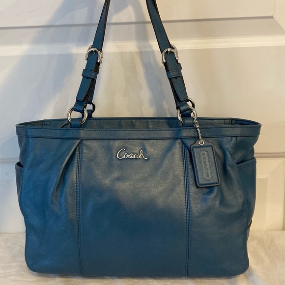 Coach | Bags | Coach Blue Leather Pleated Gallery East West Tote ...